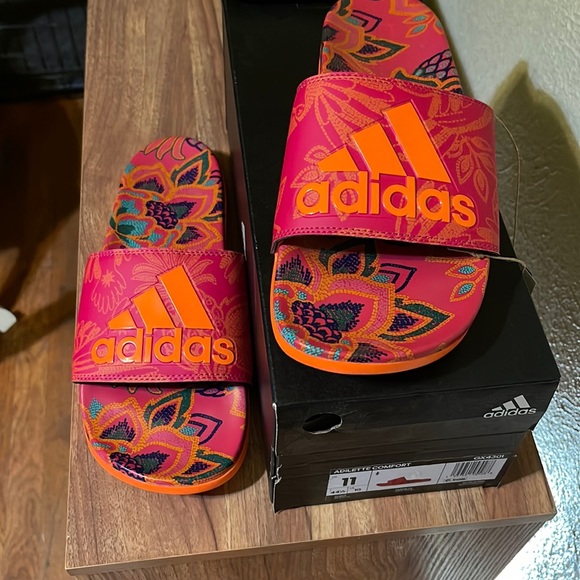 adidas | Shoes | Nwt Adidas Slides Pink And Orange Floral Print Size 1 ...
